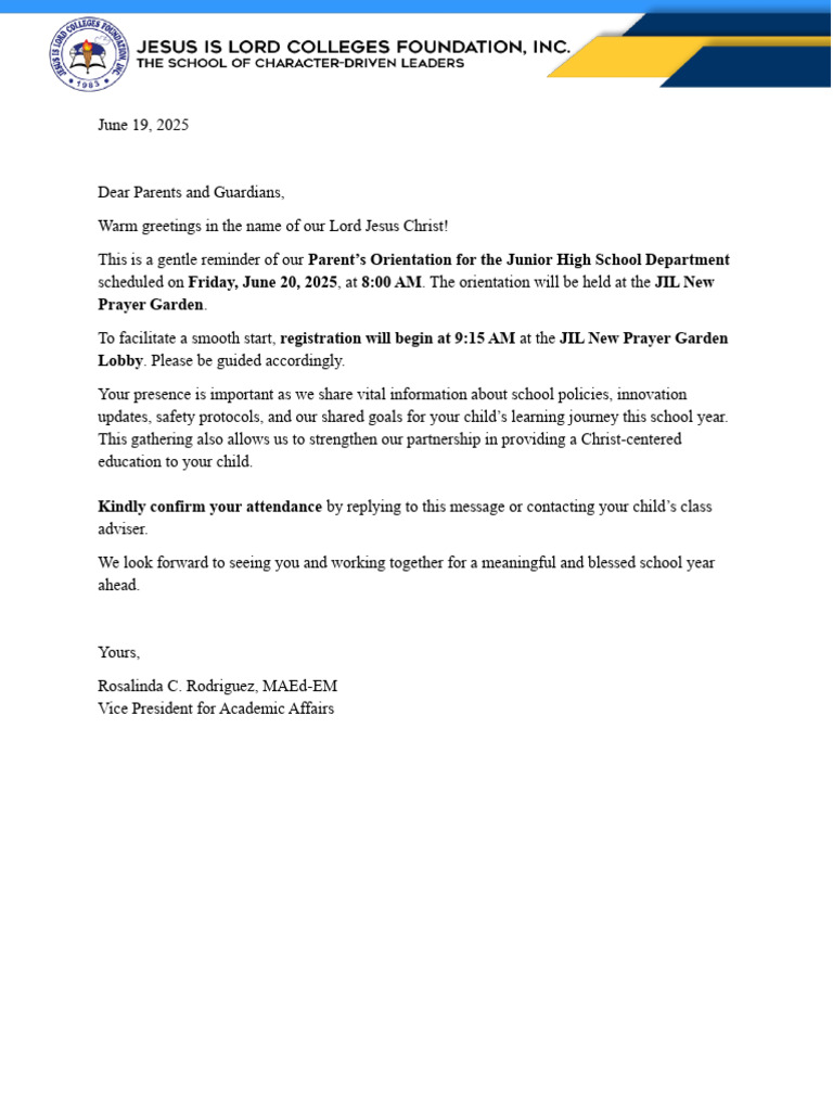 Letter To Parents Re JHS Parents Orientation June 20 2025 | PDF