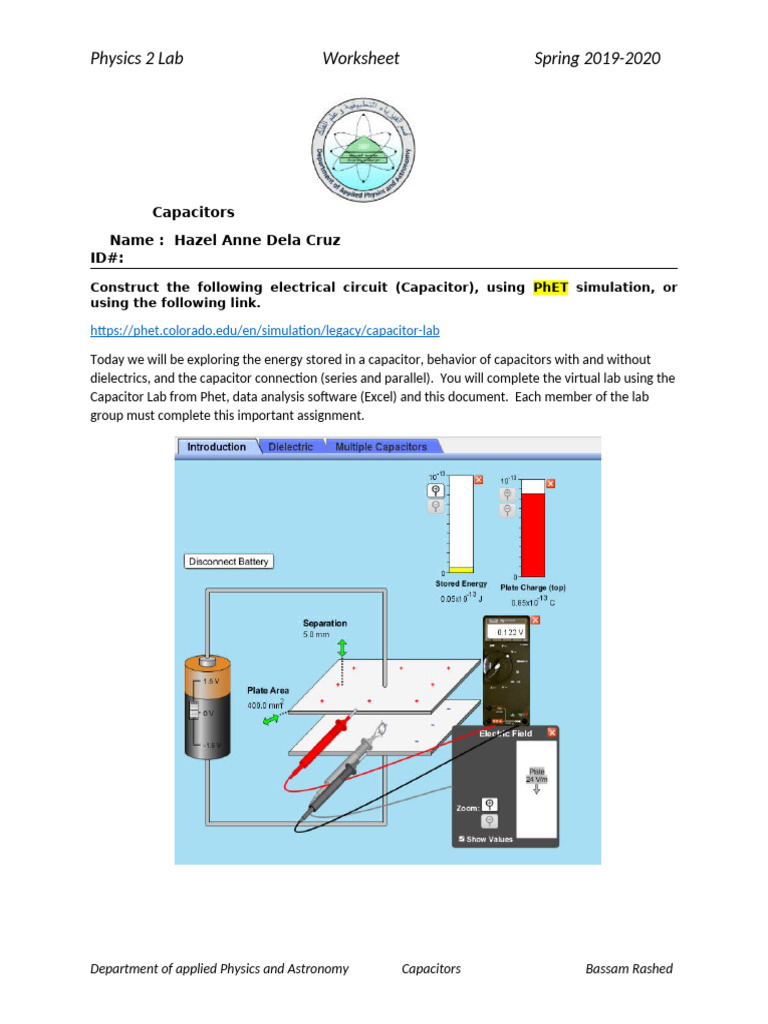Capacitor Lab Worksheet: Spring 2020 | PDF | Capacitor | Capacitance