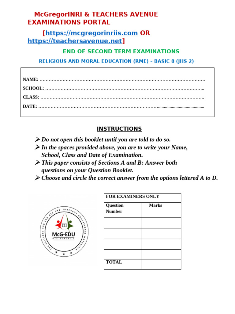 RME Exam Paper for Basic 8 Students | PDF | Isaiah