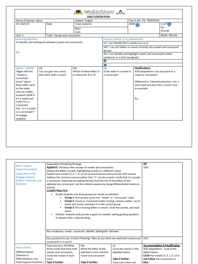 Lesson Plan Vowels and Consonants EDITED | PDF | Vowel | Consonant