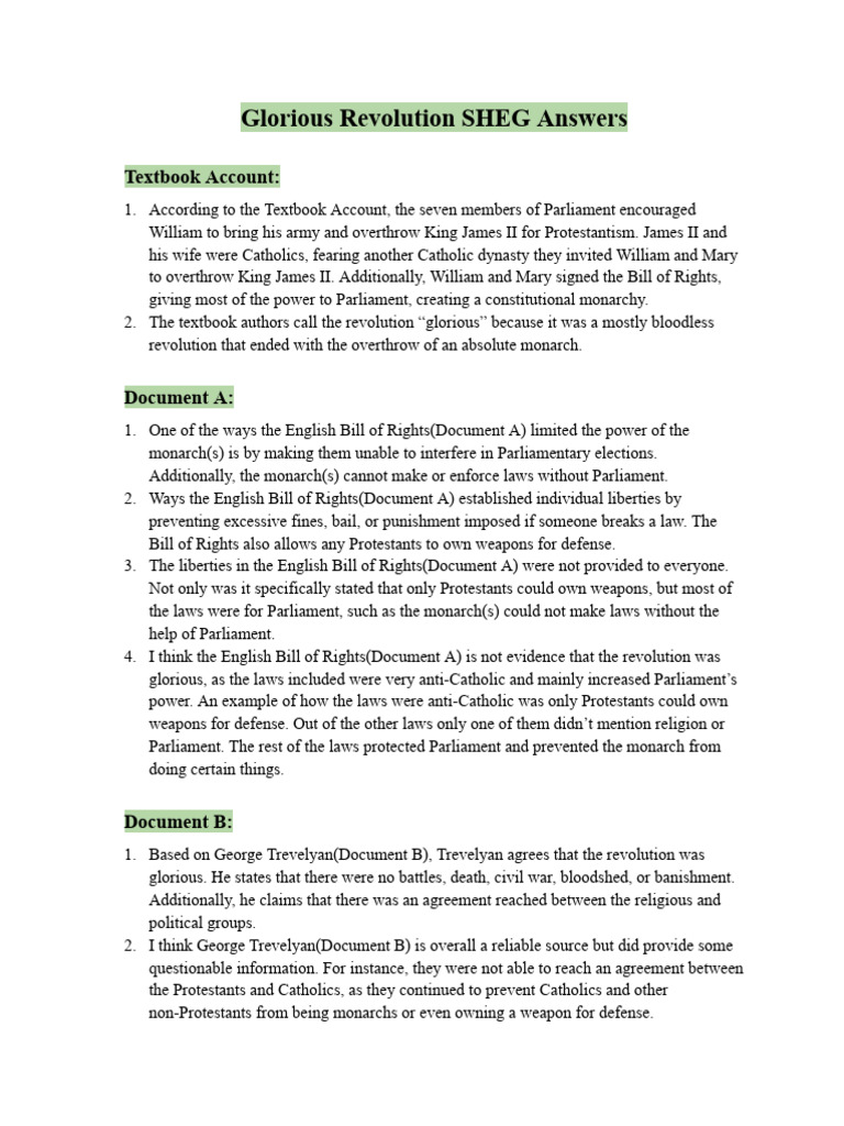 Glorious Revolution SHEG Answer Sheet | PDF | Parliament | Anti Catholicism