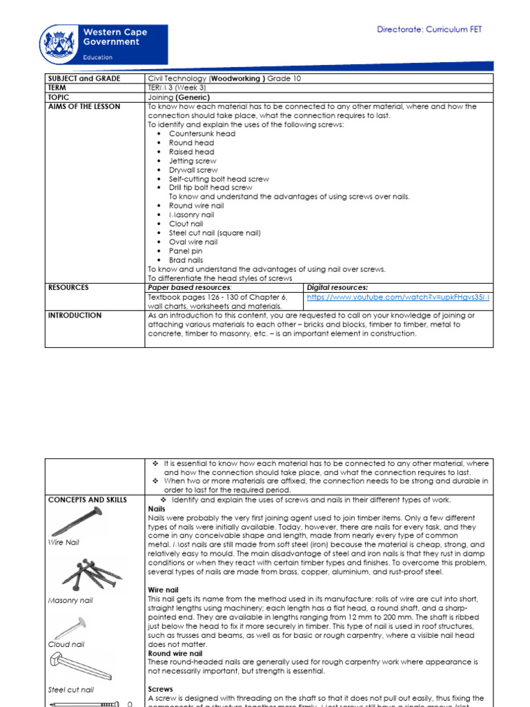 Civil Technology Woodworking Grade 10 Term 3 Week 3 - 2020 | PDF ...