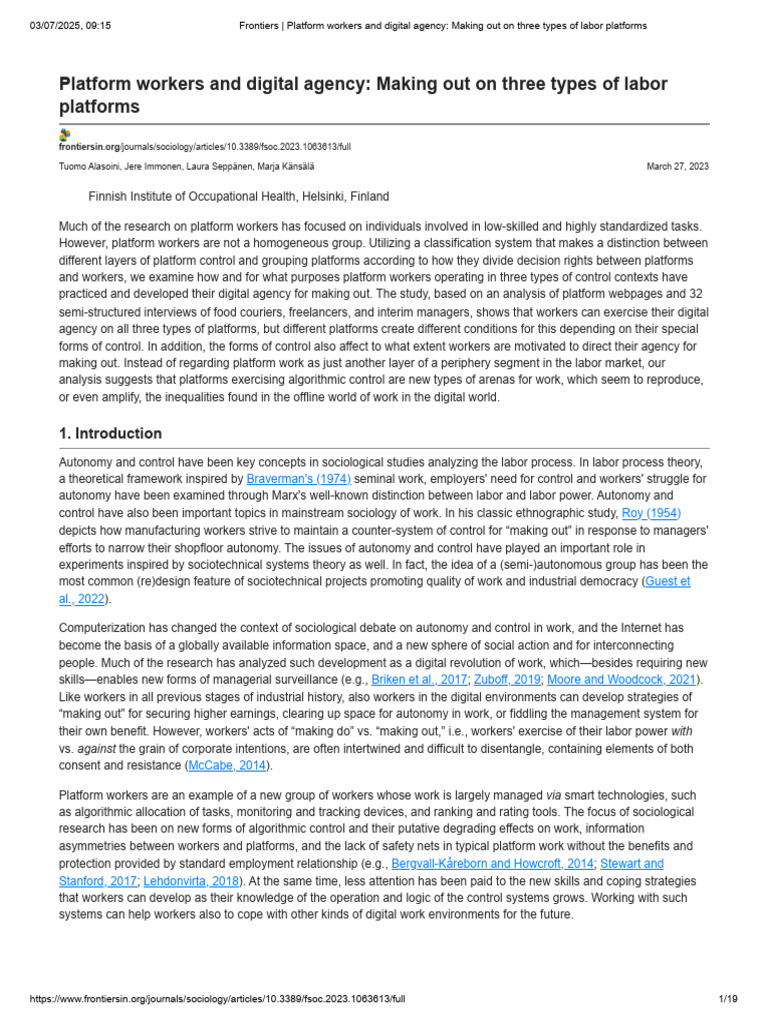 Frontiers - Platform Workers and Digital Agency - Making Out On Three ...