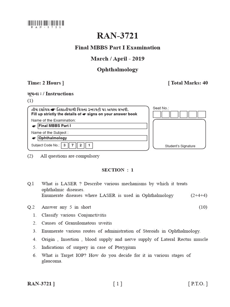 Final MBBS Part I - March April - 2019 - Ophthalmology | PDF