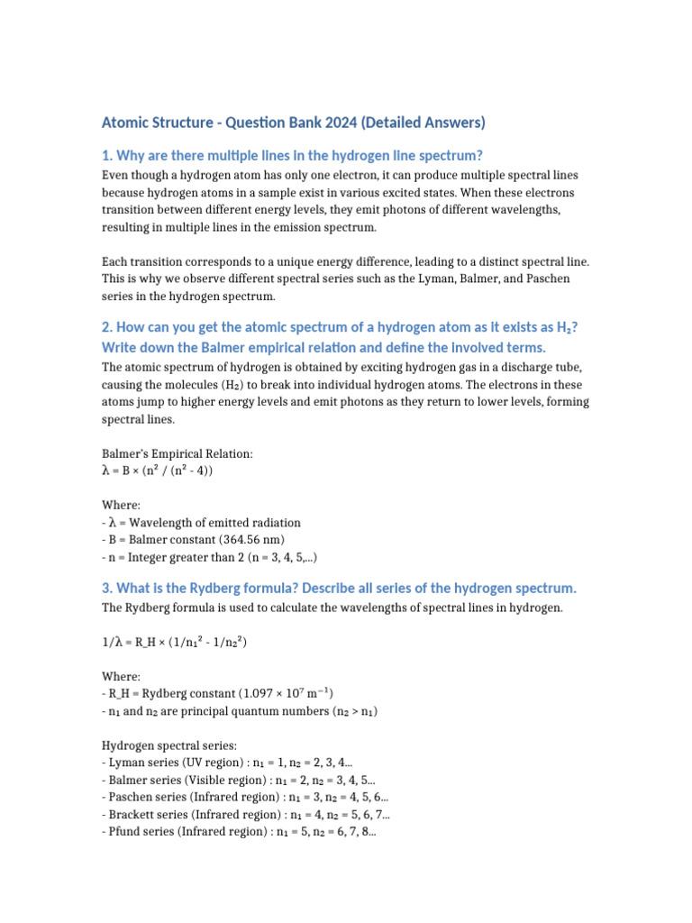 Atomic Structure Question Bank | PDF | Spectral Line | Emission Spectrum