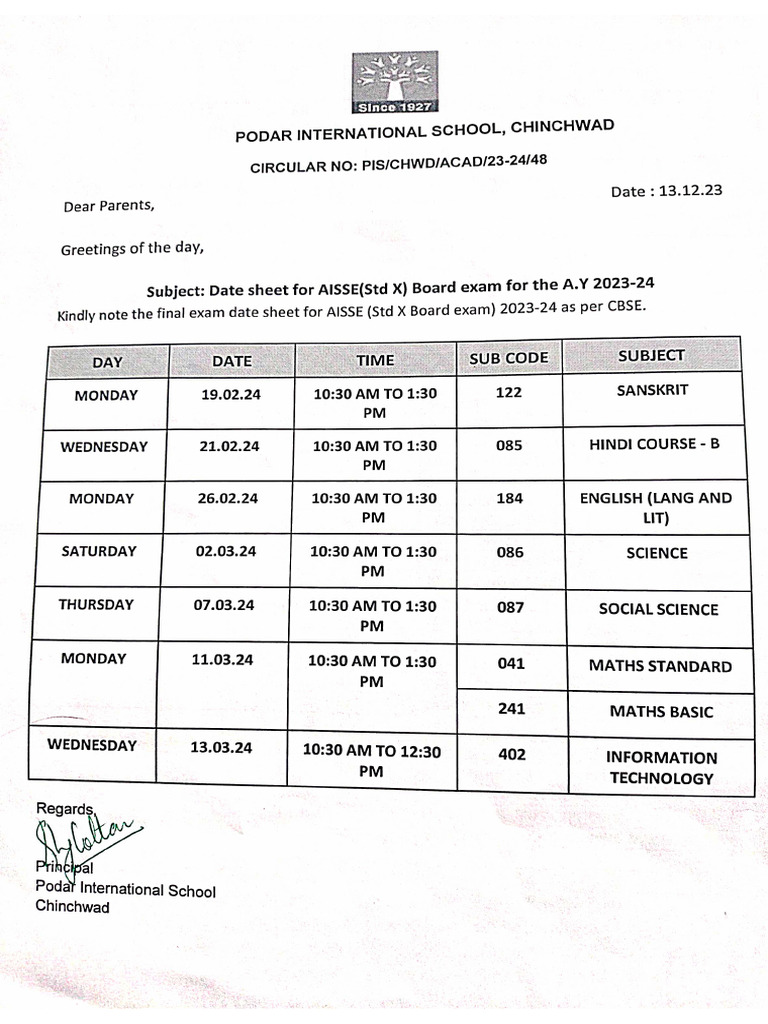 STD X Board Exam Time Table 2023-24 | PDF