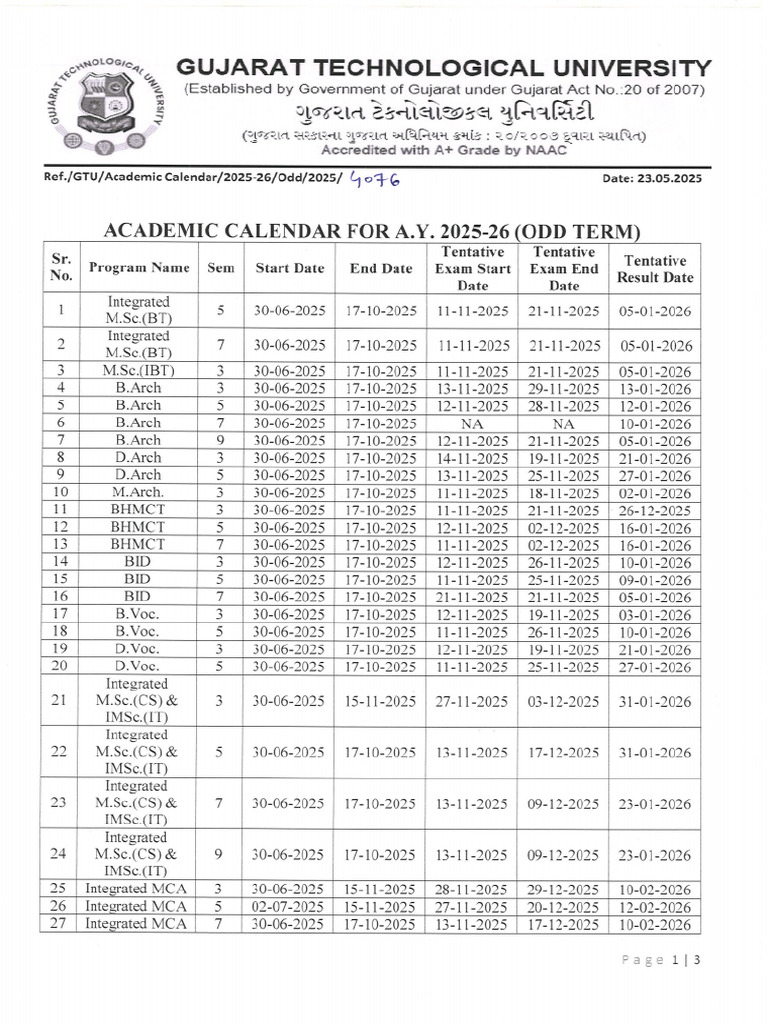 Academic Calendar GTU 2025 - 26 | PDF