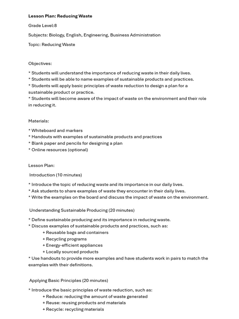 Waste Reduction Lesson Plan for 8th Grade | PDF | Waste | Sustainability
