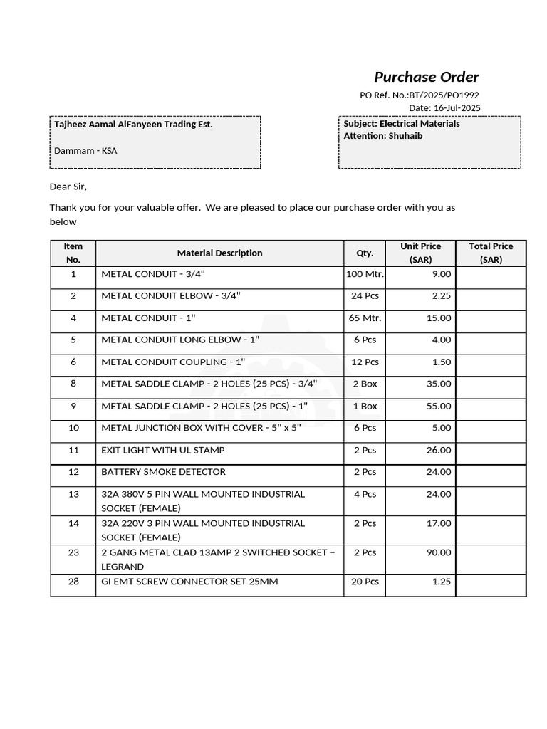 Purchase Order for Electrical Materials | PDF | Electrical Connector ...