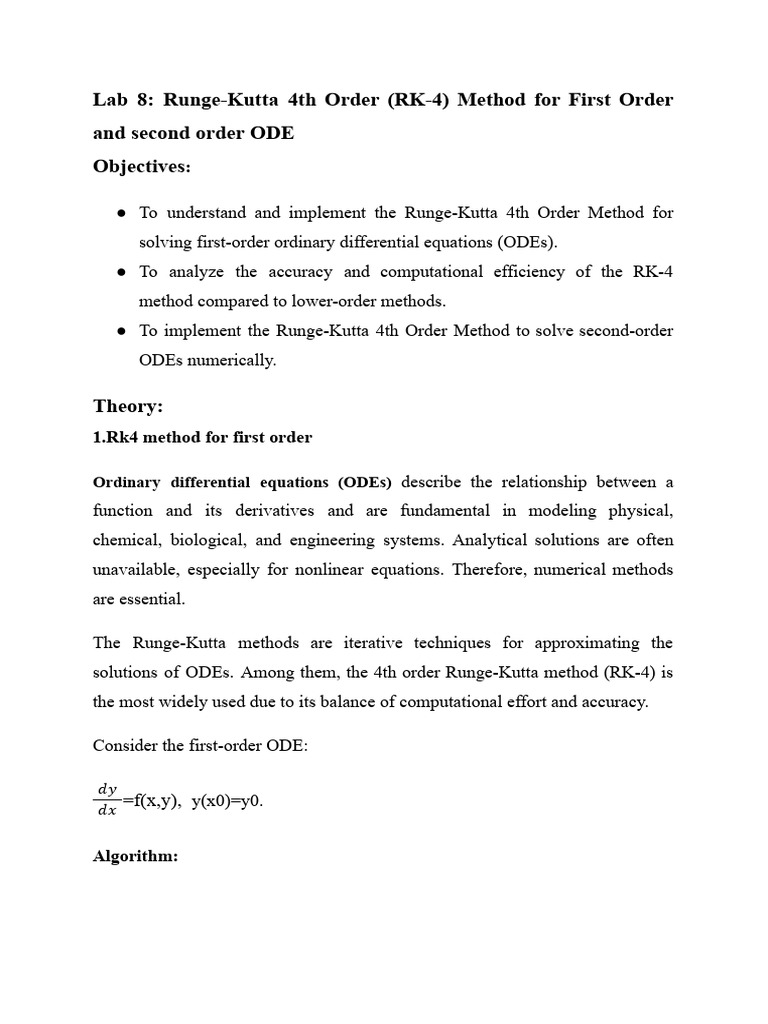 Lab 8 - Runge-Kutta 4th Order (RK-4) Method For First Order and Second Order ODE | PDF ...