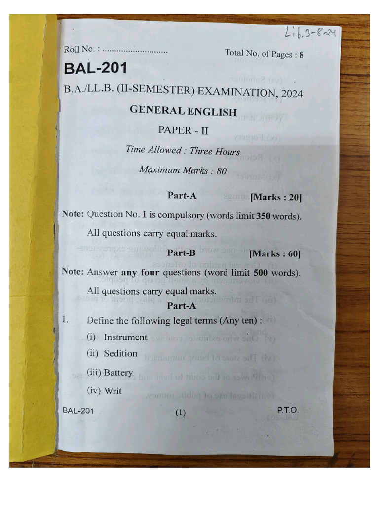 English Ba LLB 2ND Sem Pyq's | PDF
