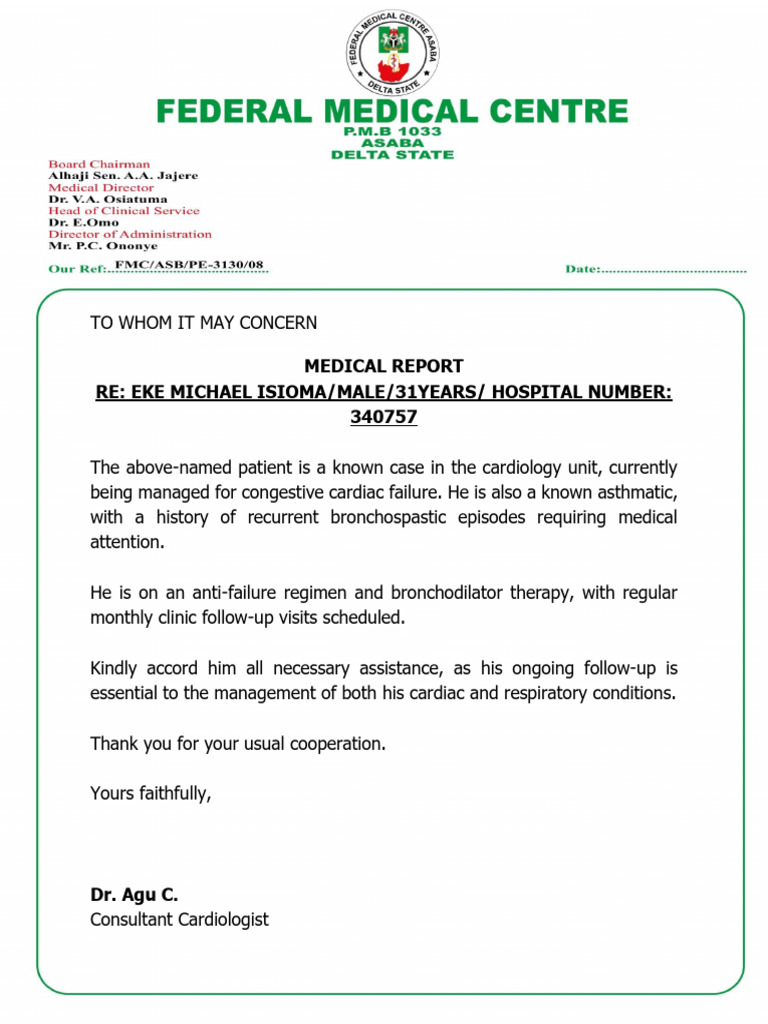 Medical Report Re: Eke Michael Isioma/Male/31Years/ Hospital Number ...