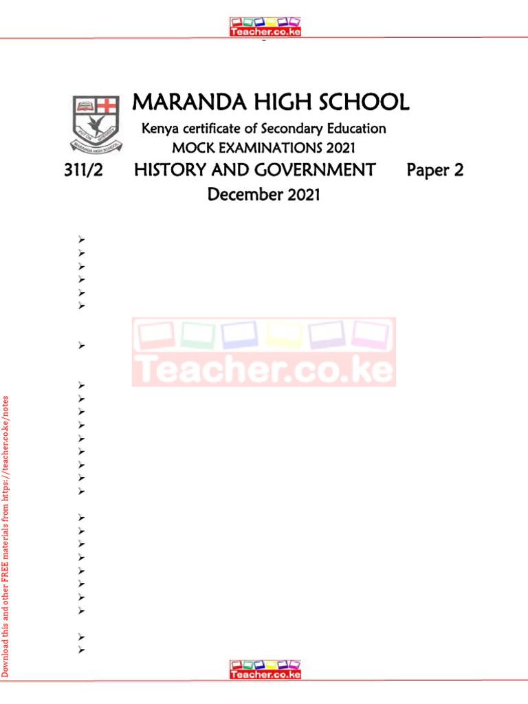 2022 Maranda Mock 311 History Government p2 Ms Teacher - Co .Ke | PDF ...