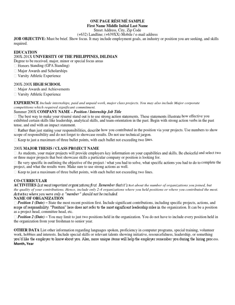 One Page Resume Sample Guide | PDF | Skill | Internship