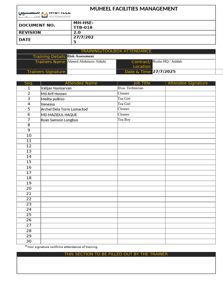 Training Tool Box Talk Attendance Risk Assessment | PDF