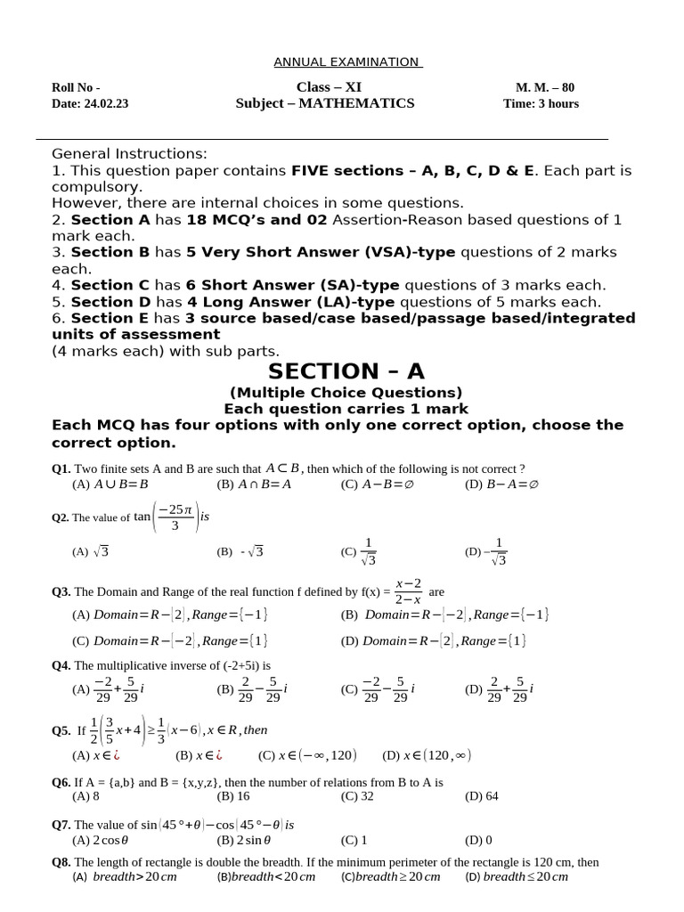 Cfs - Xi Maths Annual Exam Set-A | PDF | Multiple Choice | Mathematics