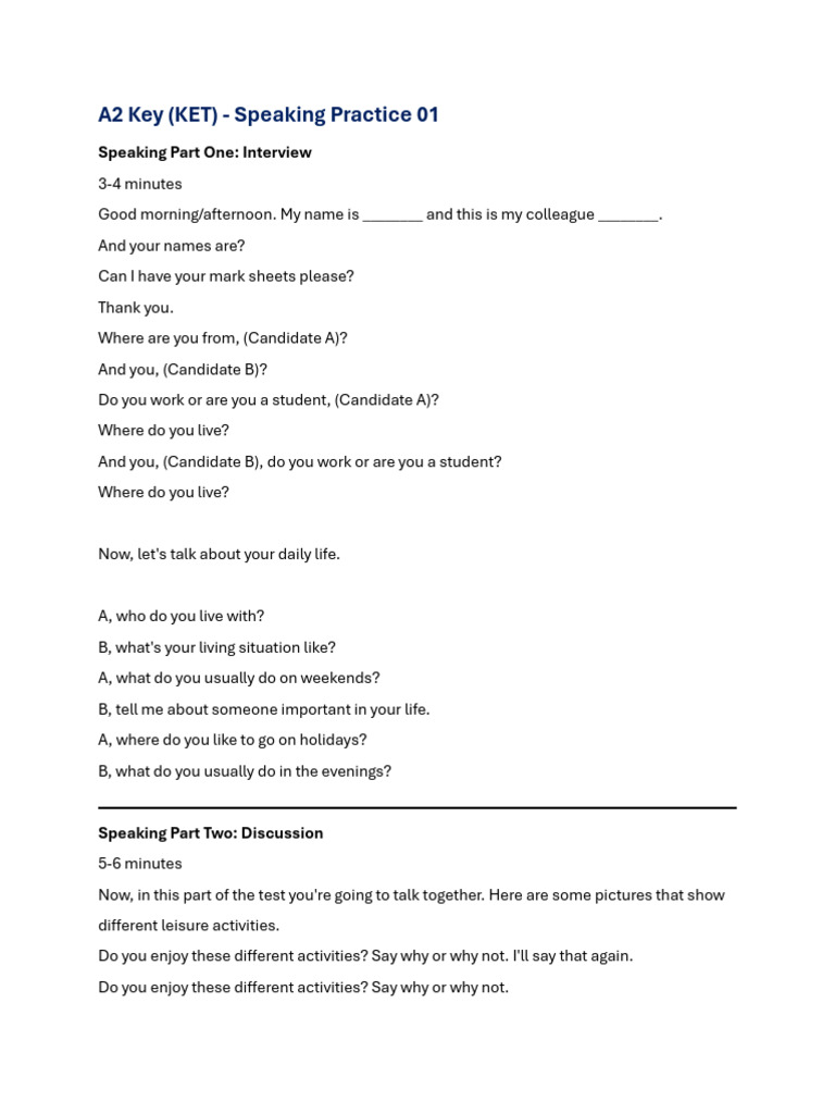KET Speaking Test Practice Guide | PDF | Meal