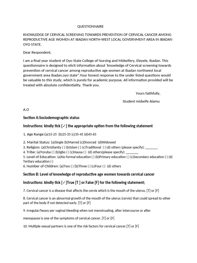 New Questionnaire | PDF | Cervical Cancer | Medical Specialties