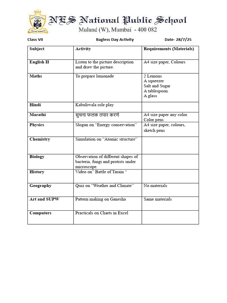 Class 7 Bagless Day Activities Guide | PDF
