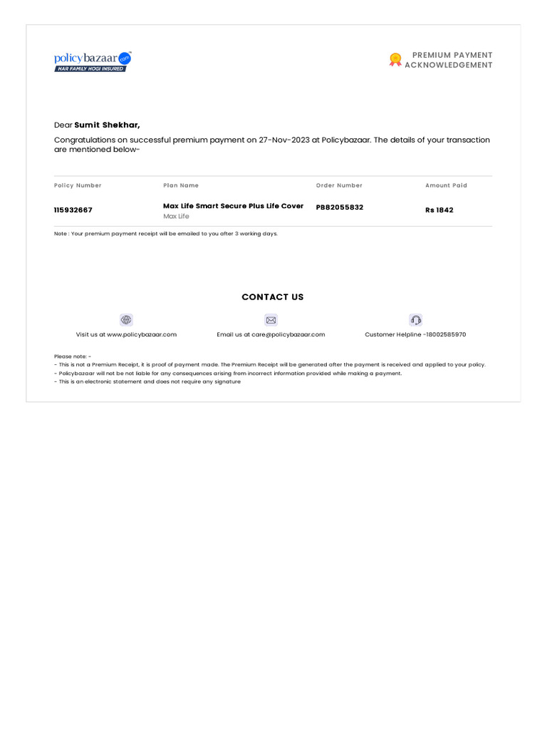 PolicyNo 115932667 Receipt 3418922597521 | PDF