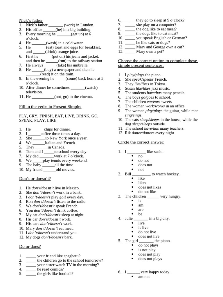 Present Simple Exercises and Comprehension | PDF