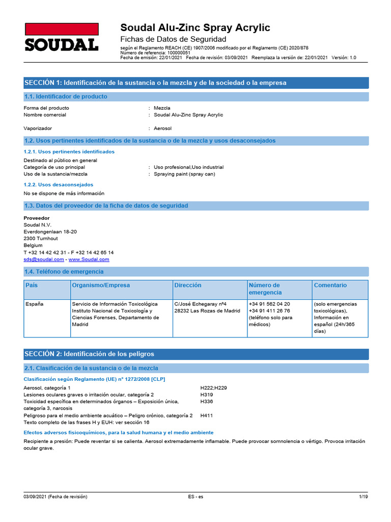 Msds-0070 Soudal Alu - Zinc Spray | PDF | Toxicidad | Química