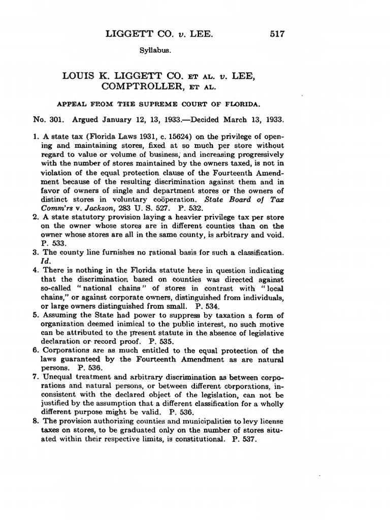 Liggett Co. v. Lee: Tax Discrimination Case | PDF | Equal Protection ...