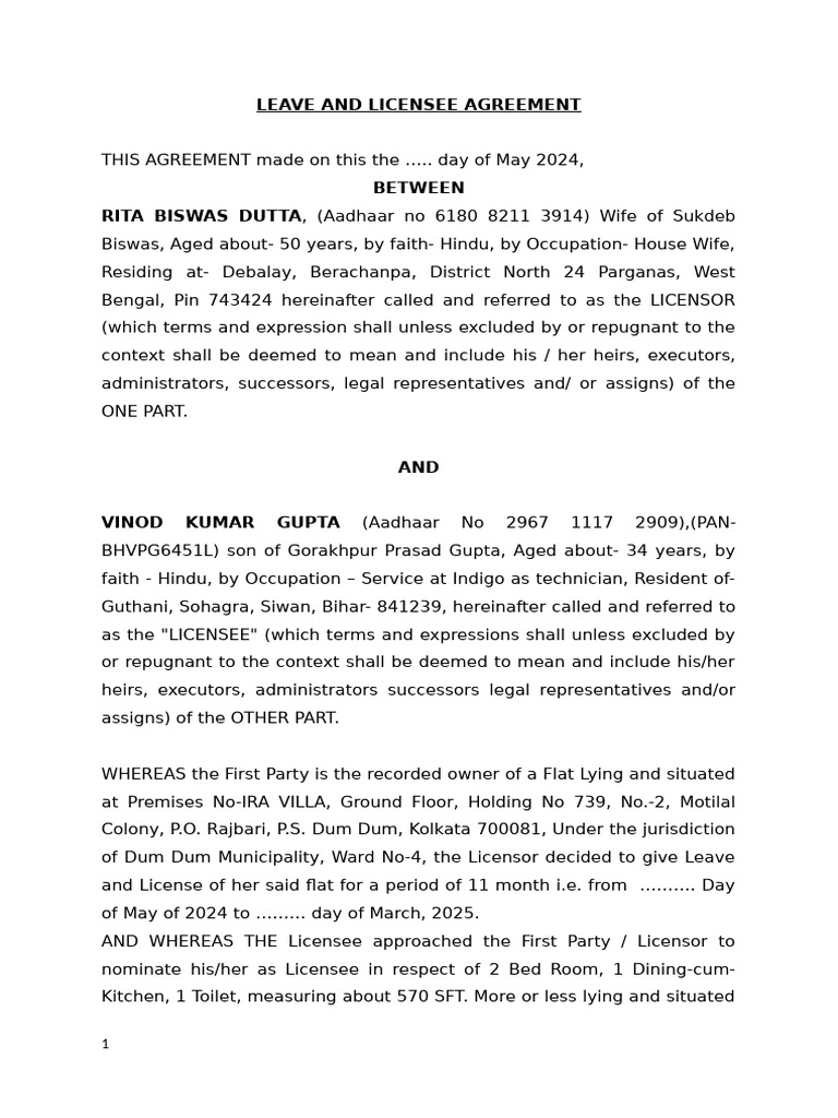 Leave and License Rita Biswas Dutta | PDF | License | Landlord
