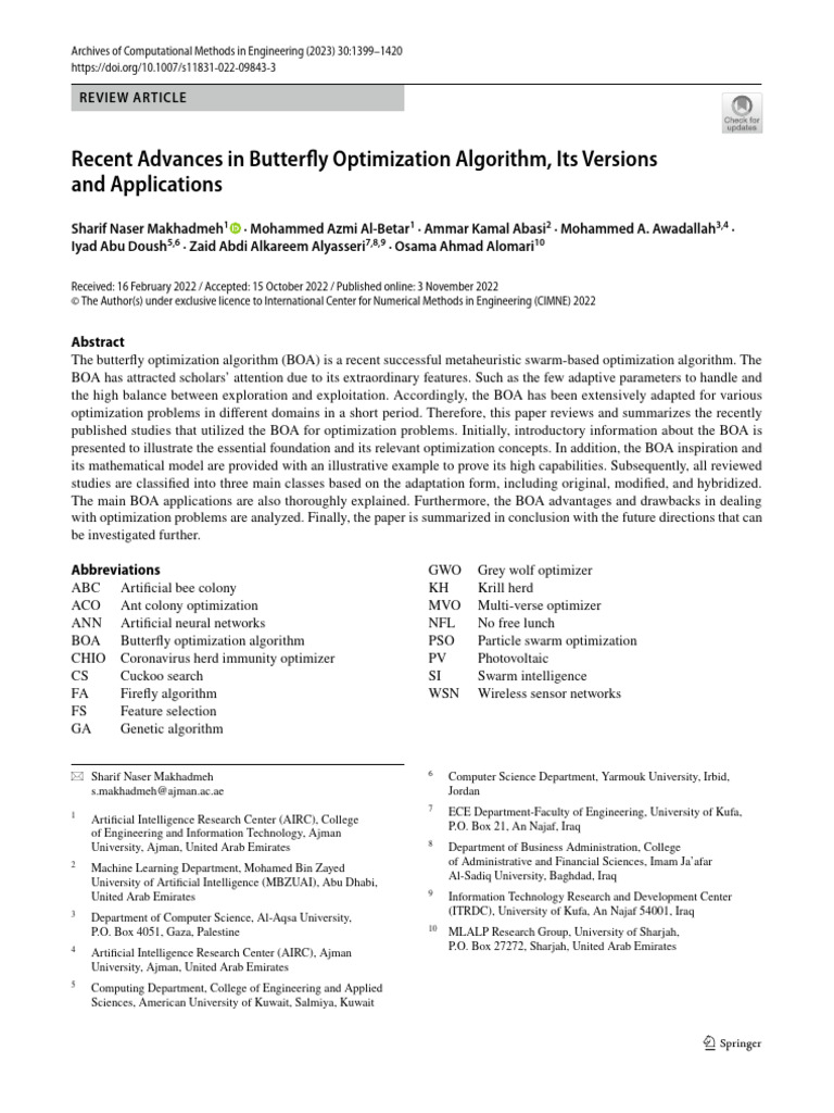 Recent Advances in Butterfly Optimization Algorithm, Its Versions and Applications | PDF ...