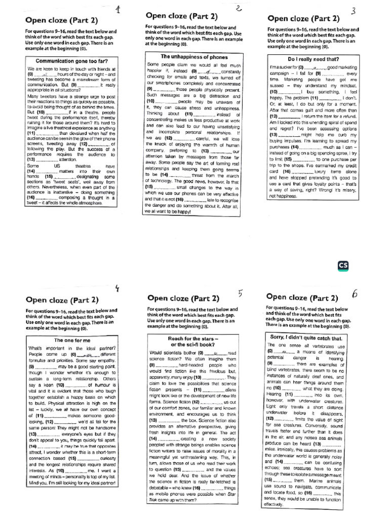 Open Cloze Exercises | PDF