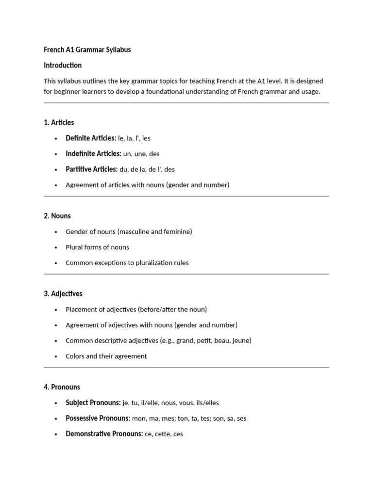 A1 French Grammar Syllabus Overview | PDF | Linguistic Morphology | Grammar