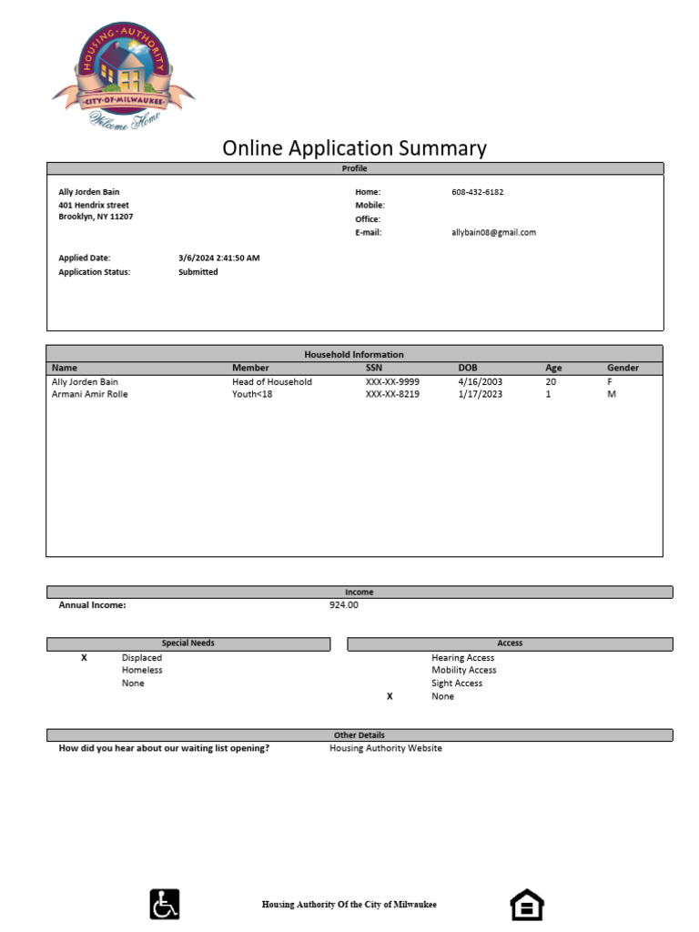 Milwaukee Housing Authority Application Summary | PDF