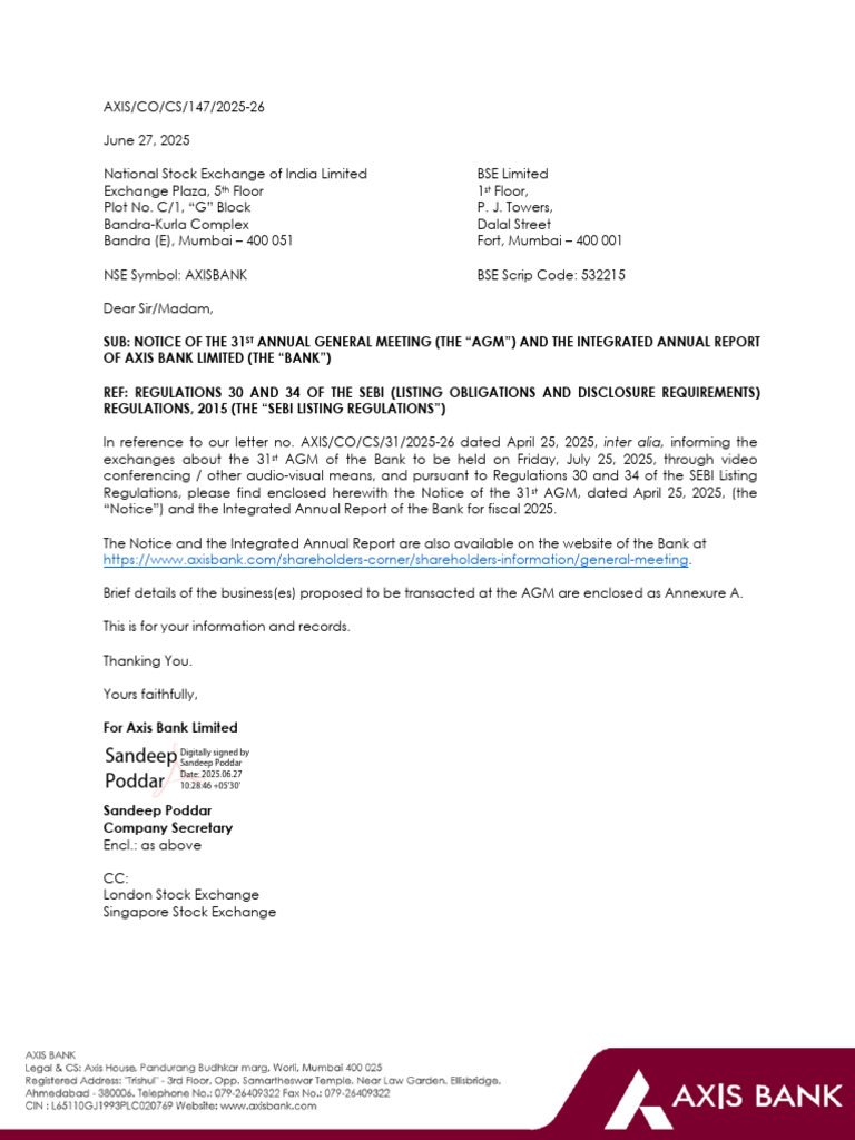 Axis Bank 31st AGM Notice 2025 | PDF | Securities (Finance) | Reserve ...