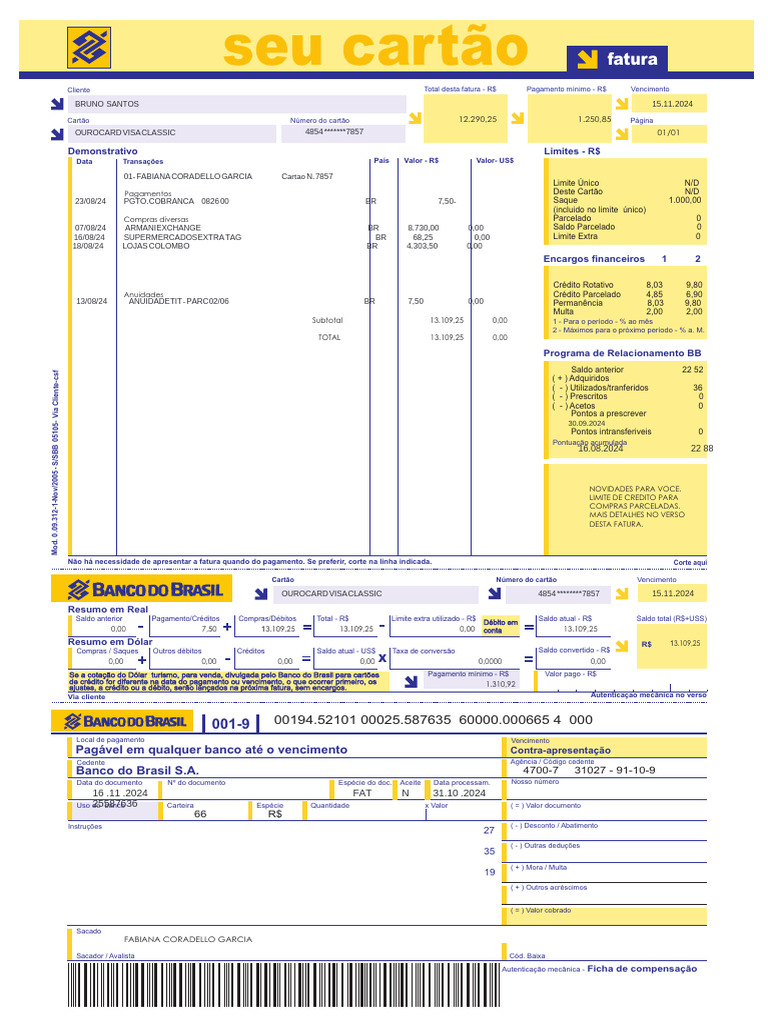 Fatura BB Kalebe | PDF | Cartão de crédito | Dinheiro