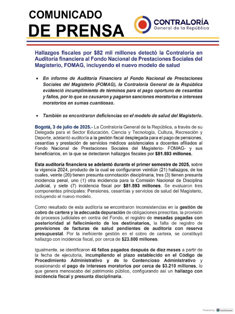 Comunicado de Prensa Auditoría FOMAG - Julio2025-1 | PDF