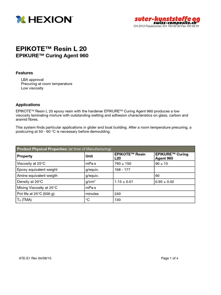 EPIKOTE™ Resin L 20 Overview | PDF | Epoxy | Materials