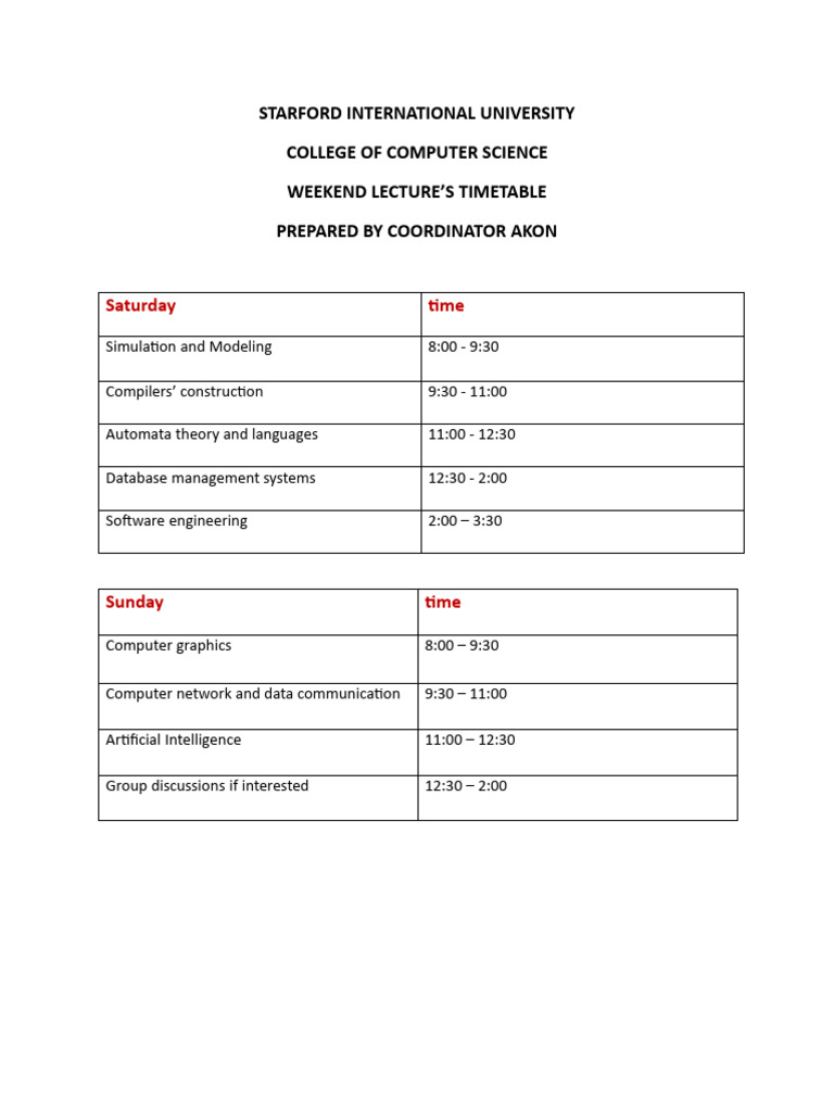 Weekend Computer Science Timetable | PDF