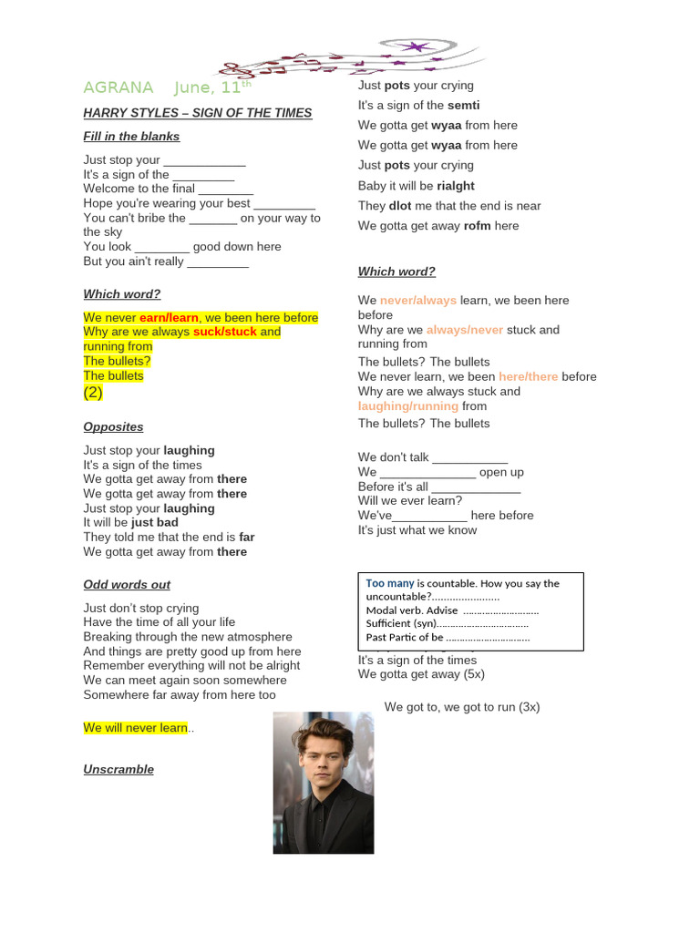 Harry Styles "Sign of the Times" Lyrics Exercise | PDF