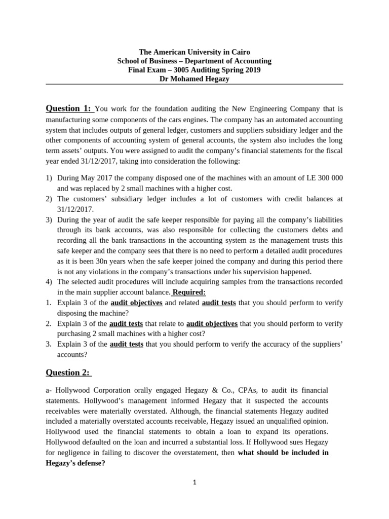 Final Exam Spring 2019 | PDF | Audit | Auditor's Report