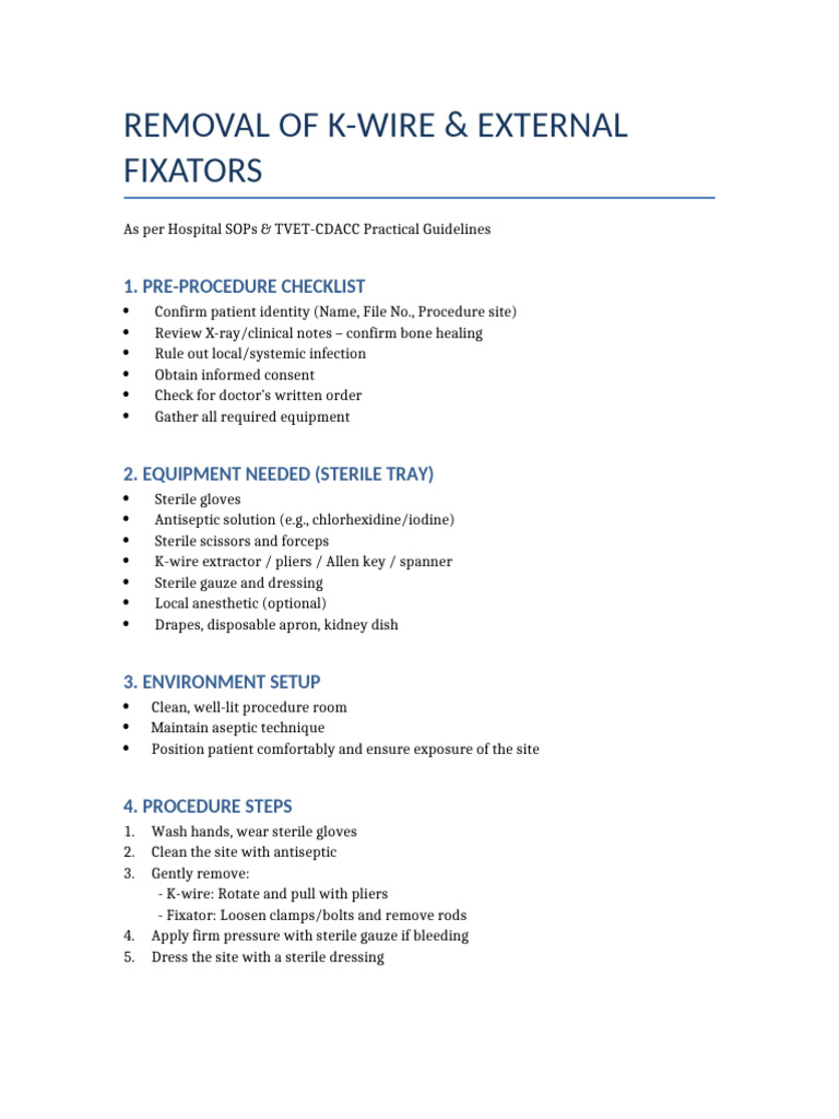 K-Wire & Fixator Removal Guidelines | PDF