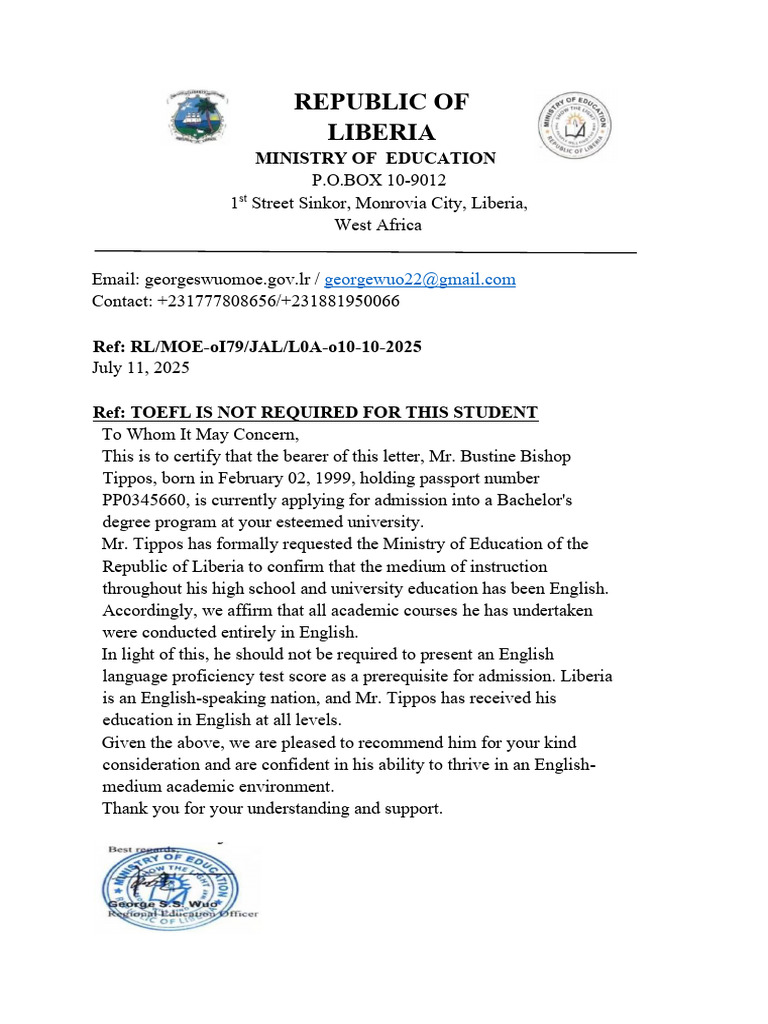 TOEFL Waiver Letter for Mr. Tippos | PDF