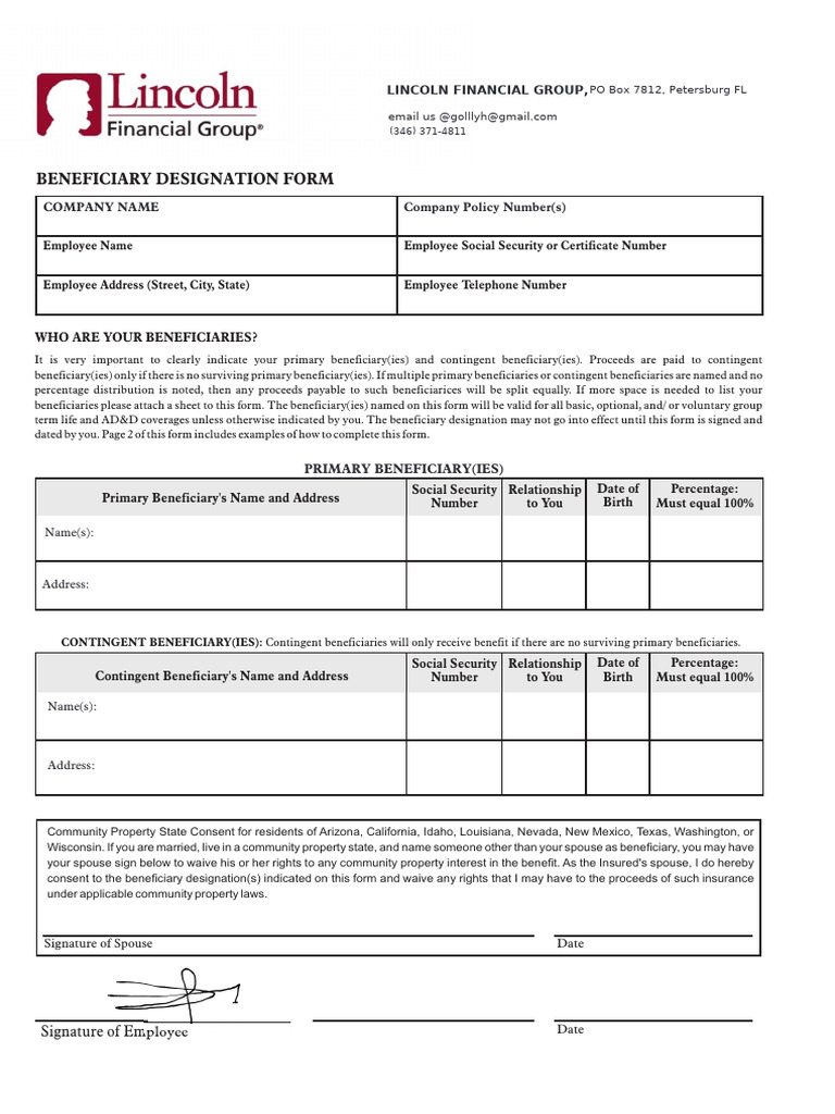 Company Beneficiary Form | PDF | Community Property