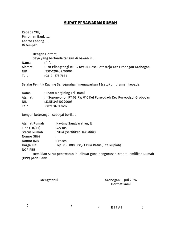 Surat Penawaran Rumah+Kv1 | PDF