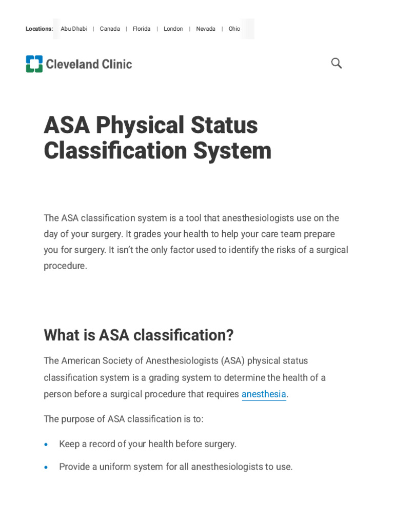 ASA Physical Status Classification | PDF | Anesthesia | Surgery