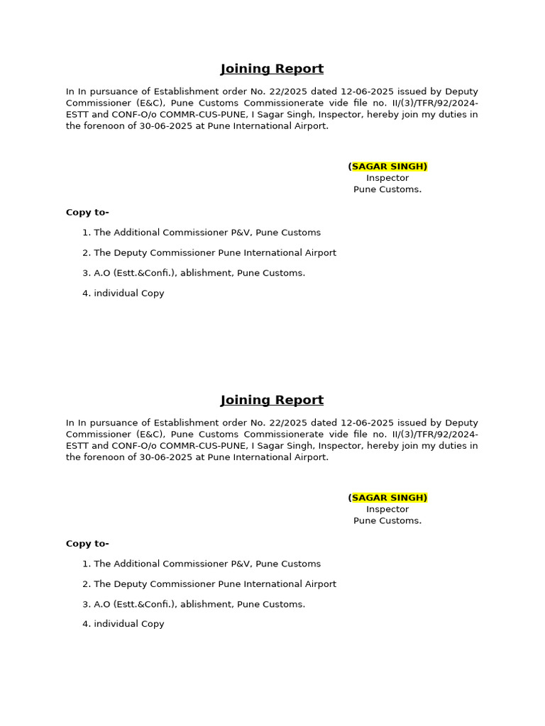 Joining Report of Inspector Sagar Singh | PDF