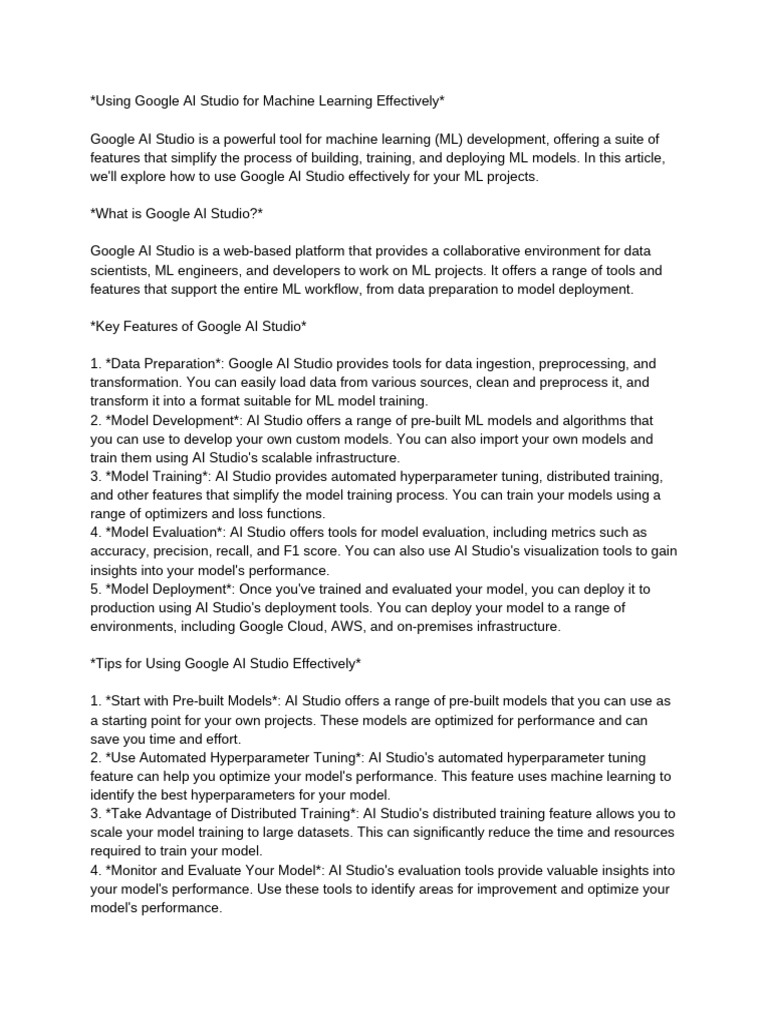 Using Google AI Studio For Machine Learning Effectively | PDF | Machine Learning | Artificial ...