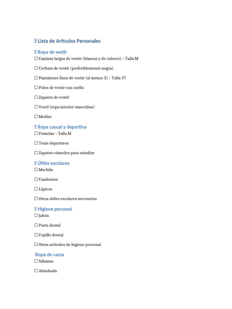 Lista de Articulos Personales para Imprimir | PDF