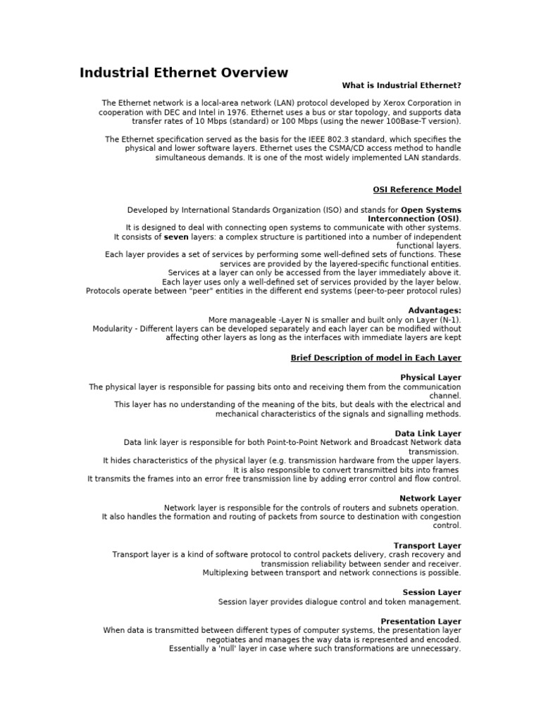 Industrial Ethernet Overview | PDF | Computer Network | Osi Model