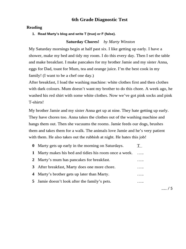 6th Grade English Diagnostic Test | PDF