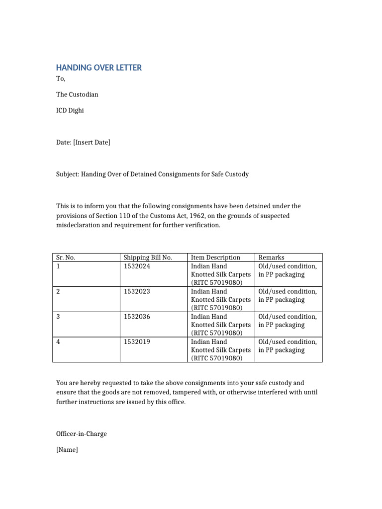 Handing Over Letter ICD Dighi | PDF